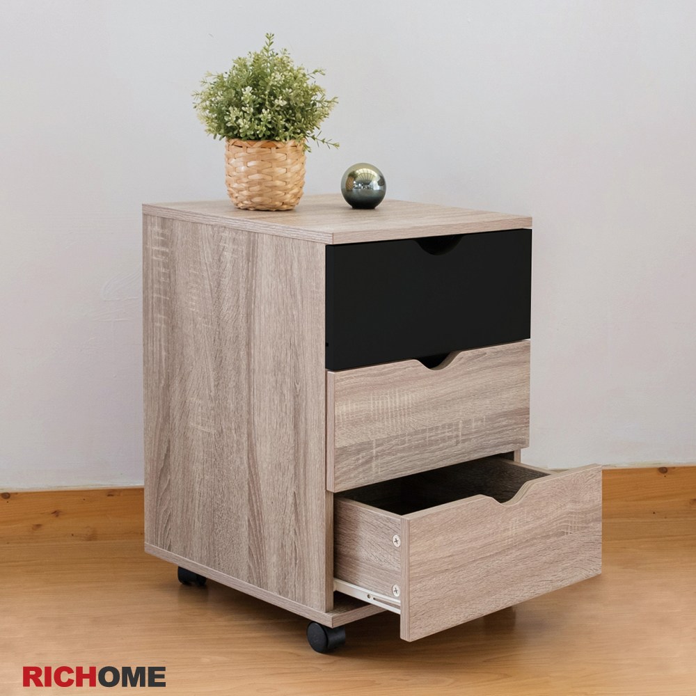 【RICHOME】北歐風E1板三抽櫃橡木色 + 黑色｜家具床墊｜特力屋．特力屋線上購物